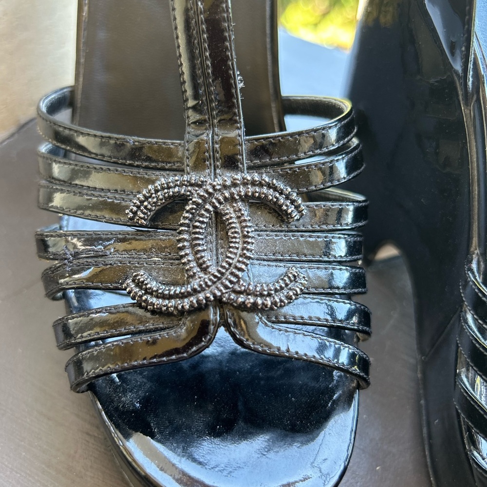 Chanel Patent Leather Wedge Sandals - Gem